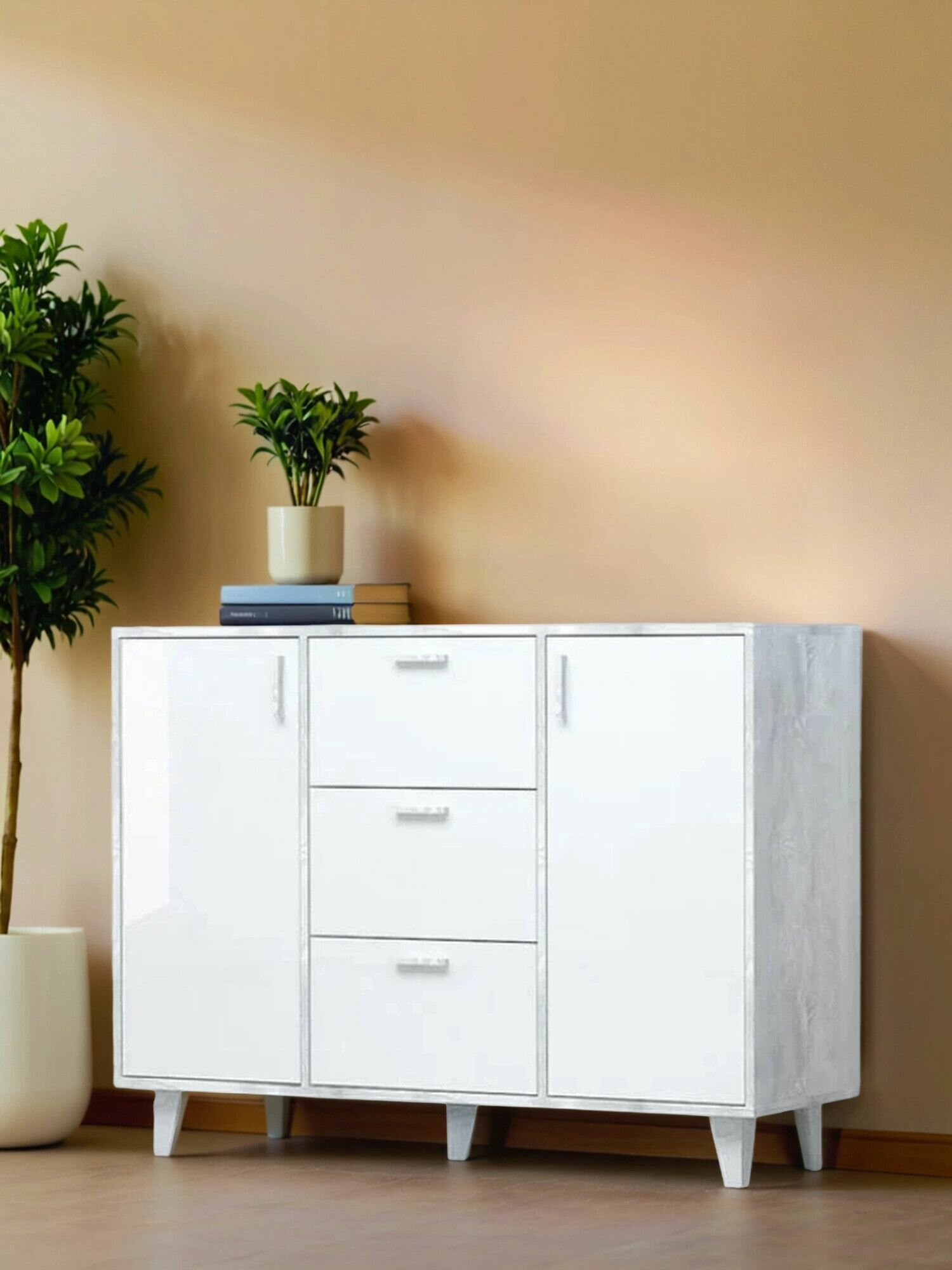 Комод "ЭГО" К-2 (НГ) Бетон Светлый/Белый Глянец