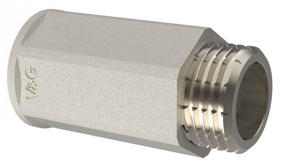 Удлинитель сантехнический V&G / В&Г никелированный, из латуни, внутренняя и наружная резьба 1/2дюйма, длина наращивания 10мм / фитинг