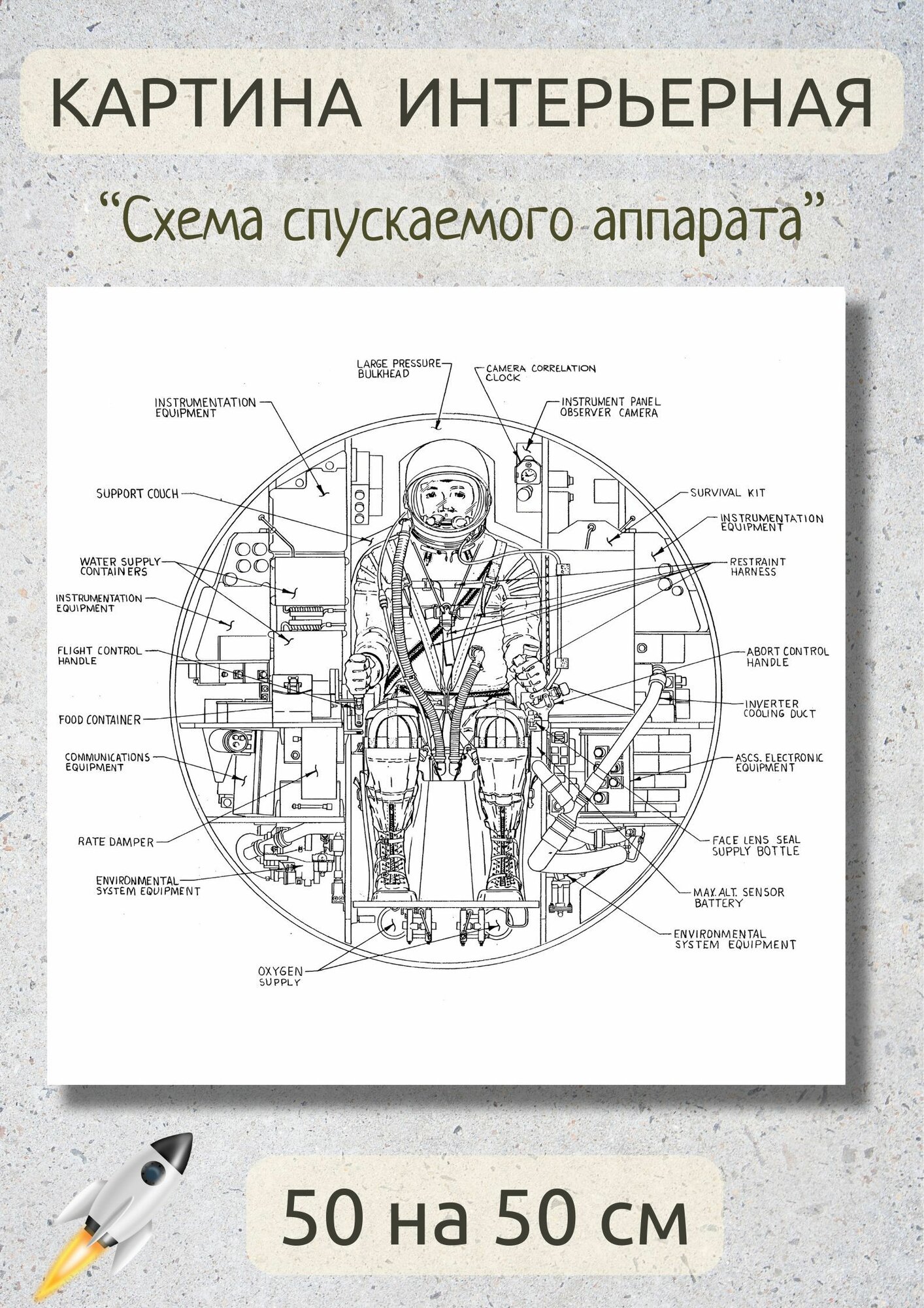 Картина с космическим аппаратом "Спускаемый аппарат" 50х50 холст