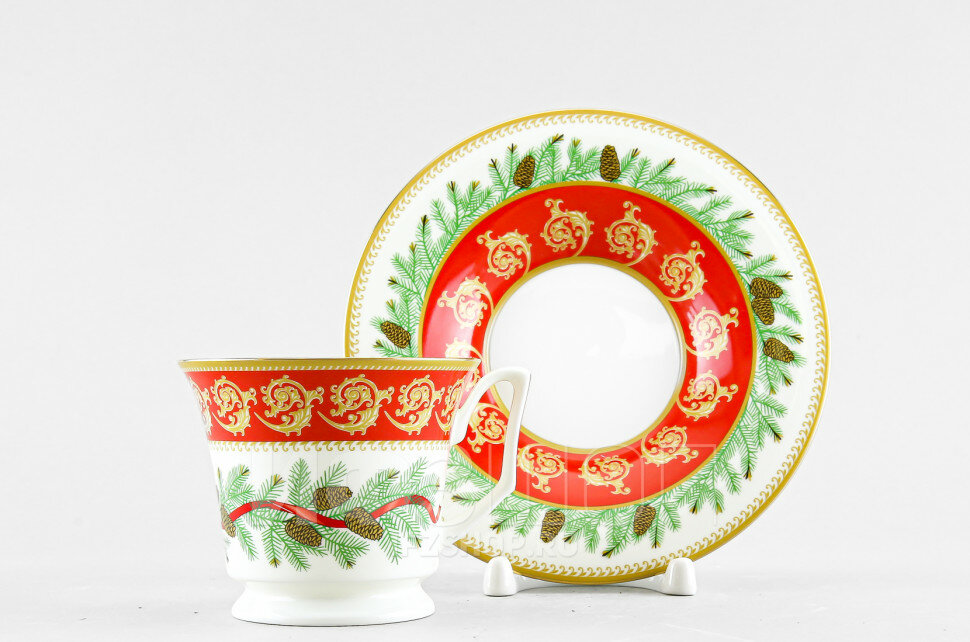 Чайная пара костяная Императорский фарфоровый завод ИФЗ ф. Юлия "Рождественское чаепитие" 210 мл.