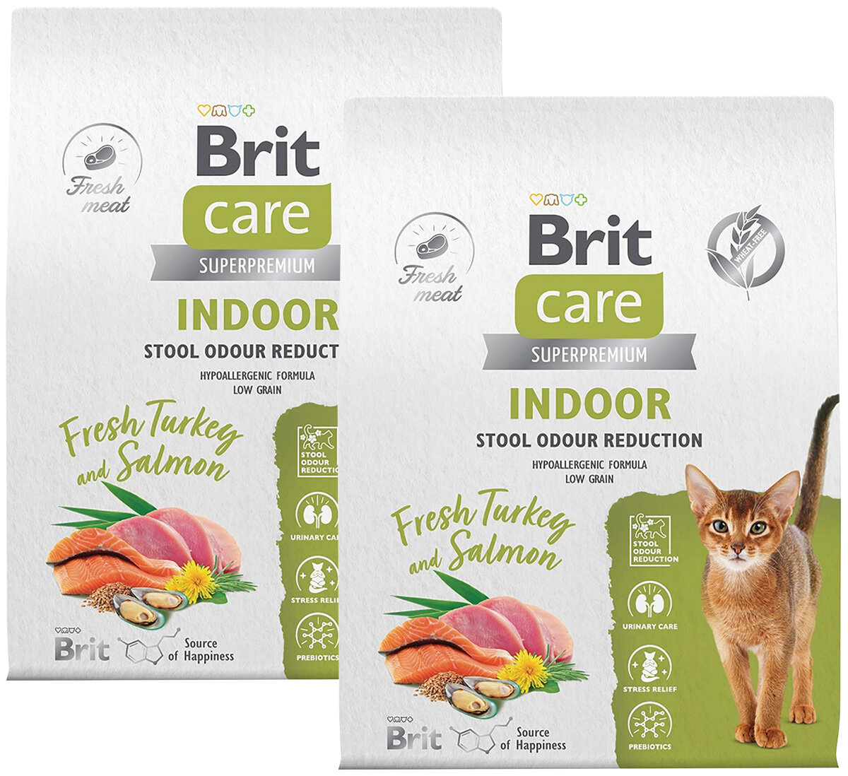 BRIT CARE CAT INDOOR STOOL ODOUR REDUCTION для взрослых кошек живущих дома с индейкой и лососем NEW 7 + 7 кг