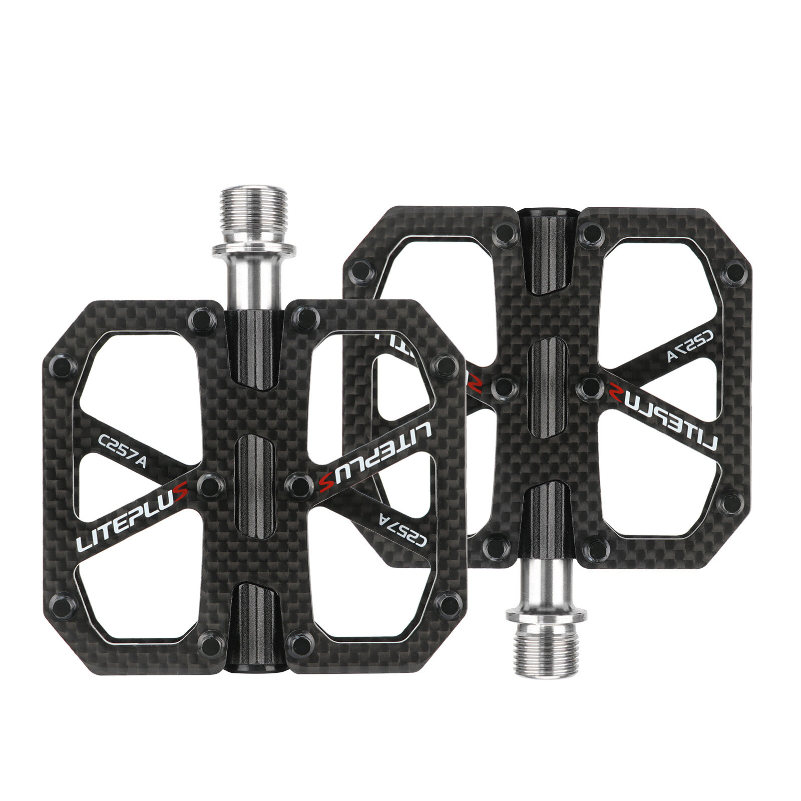 MTB Flat Pedals Road Bike Pedals Folding Bike Pedals Carbon Fiber Ti Axle Anti-Slip Corrosion Easy Install Material Carbon Fiber Aluminum Ti Size 8.56cm 3.37in x 1.65cm 0.65in Weight 185g 6.53oz per pair Package 1 x Pair of Carbon Fiber Pedals for