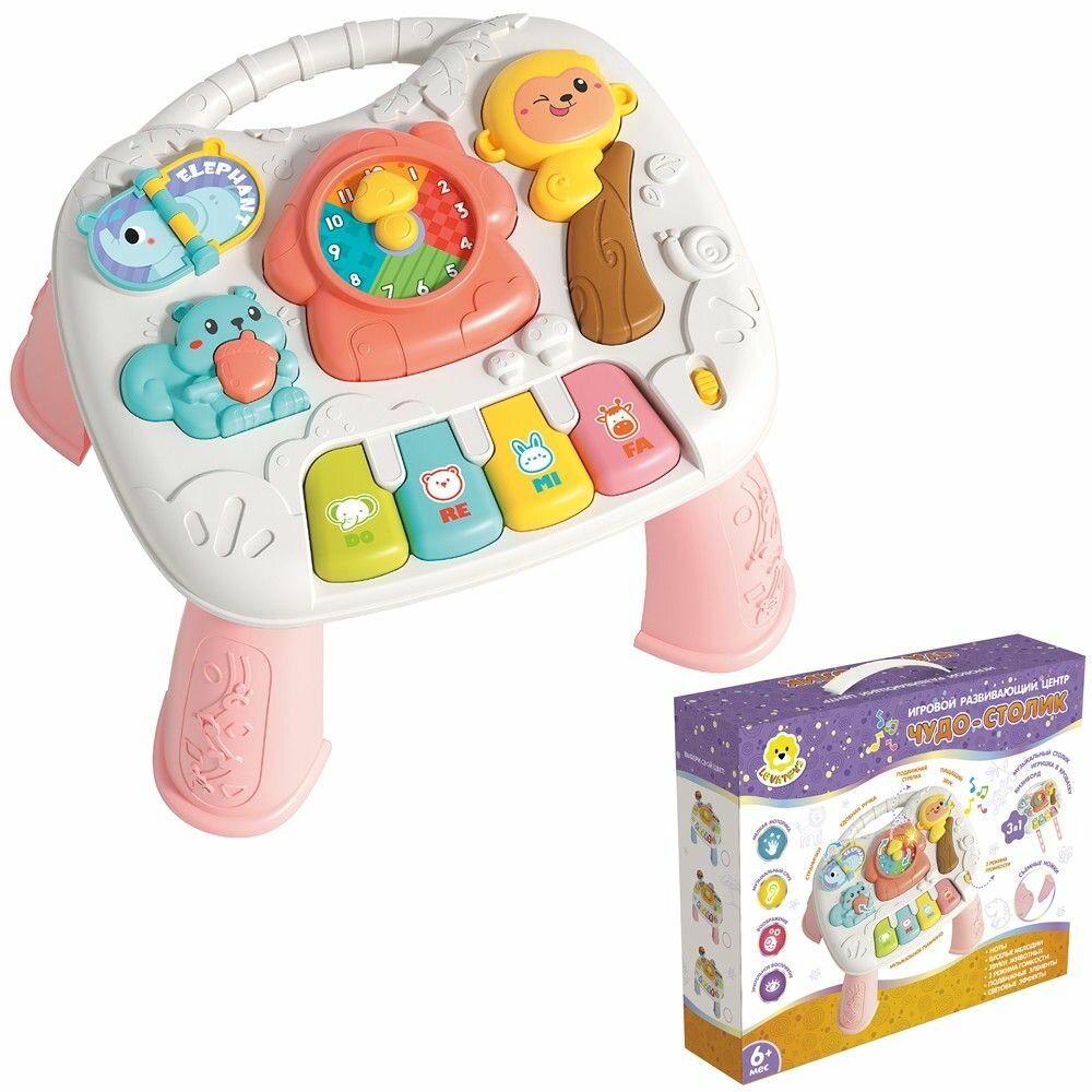 Развивающий центр "Чудо-столик. Часы" со звуковыми и световыми эффектами, игровой набор с подвижными элементами для малышей, музыкальное пианино, учим время, бизиборд, розовый