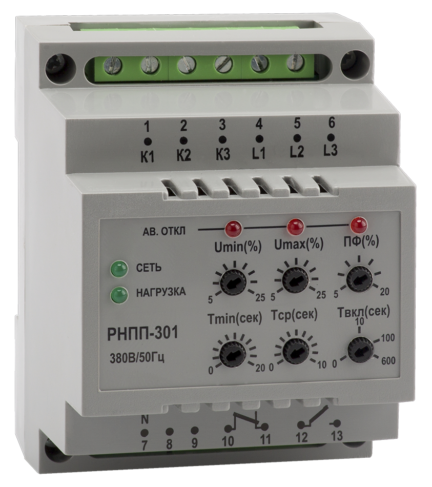 Реле напряжения КЭАЗ OptiDin РНПП-301-УХЛ3.1 трехфазное, в корпусе из пластмассы, серый, 380В / электрика
