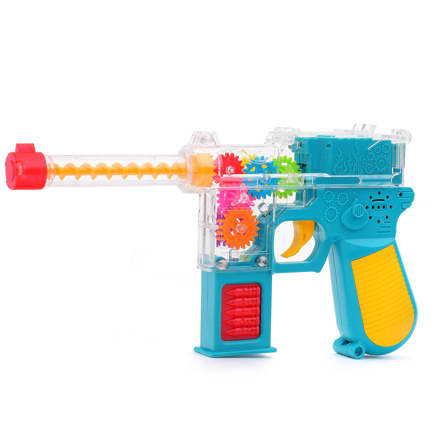 Игрушечный пистолет прозрачный с шестеренками светящийся. Пластик
