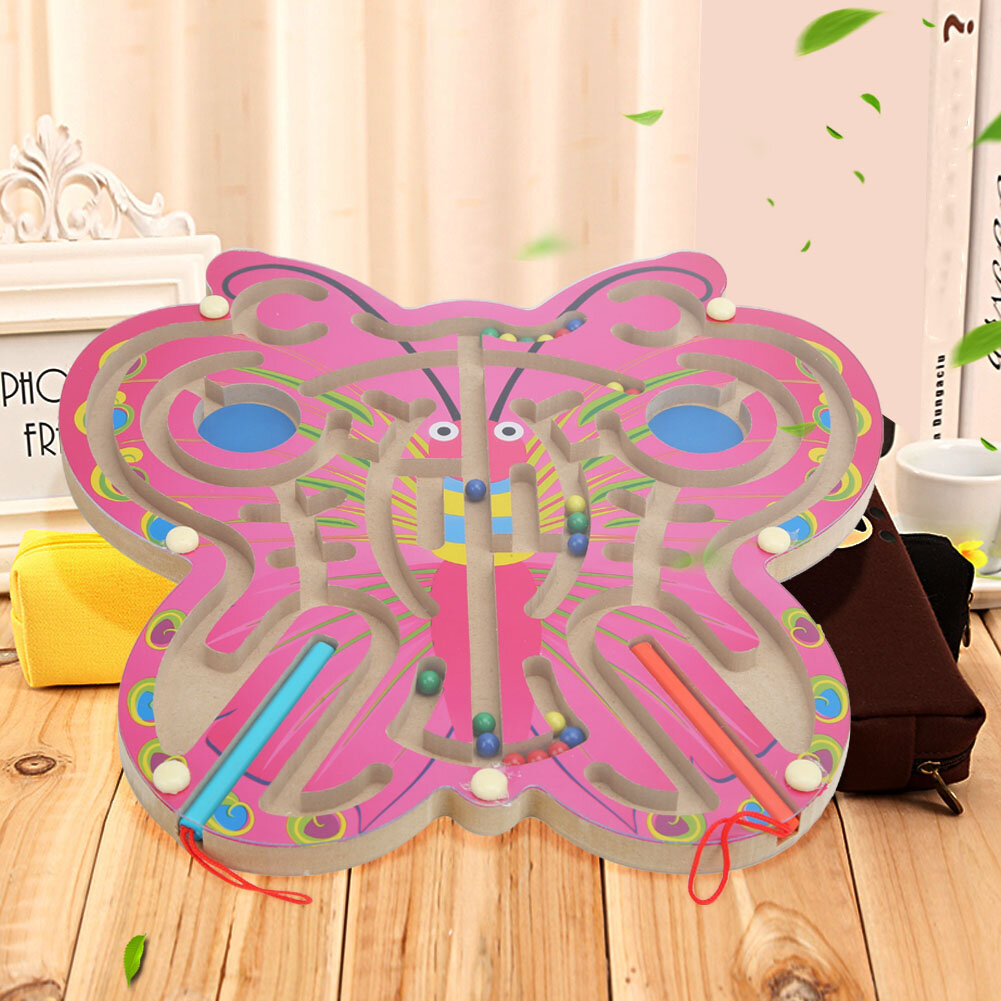 Деревянная Магнитная Лабиринтная Игра для Детей, Лабиринт "Бабочка", Образовательная Интерактивная Игра, Подарок, Материал Дерево, Возраст 3-6 Лет, В комплект входят 1 Игровая Доска и 2 Карандаша