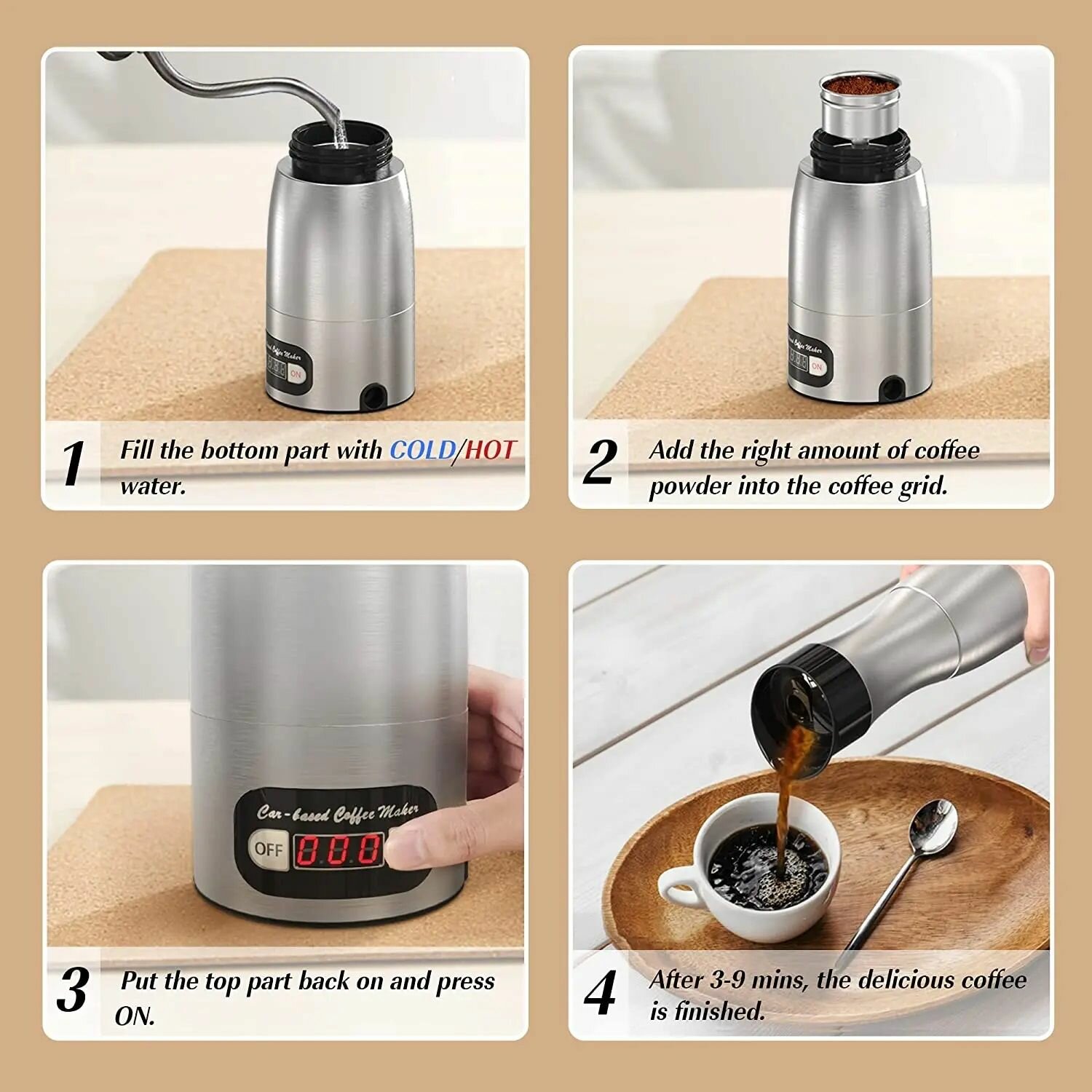 Кофеварка автомобильная 12-24В 0.2л для машины портативная компактная