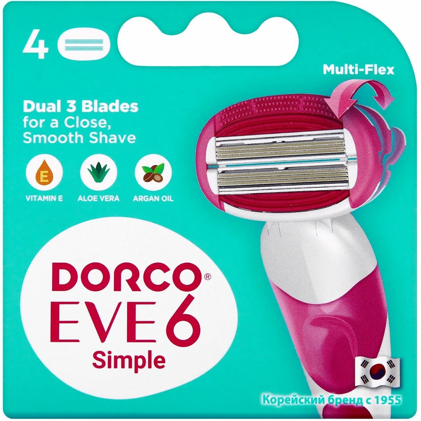 Dorco Сменные кассеты EVE6, женские, 6-лезвийные, крепление PACE, увл. полоса (4 сменные кассеты)