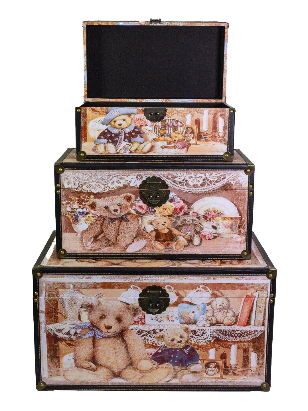 Набор из трех декоративных сундуков для хранения с изображением и ручками