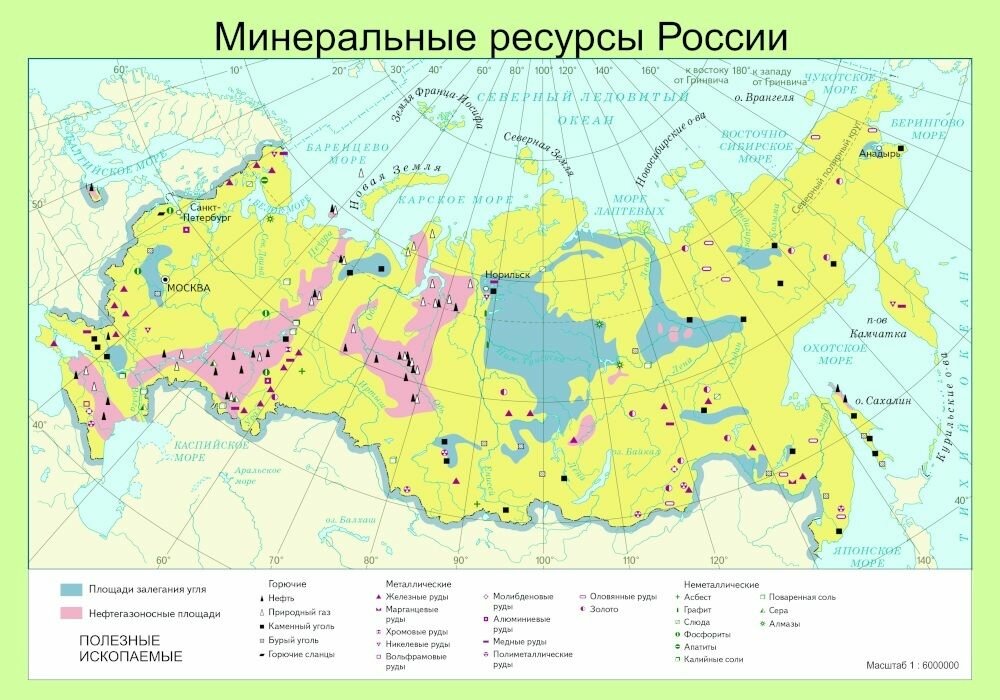Карта Минеральные ресурсы России. 8-9 классы (100*140см.)