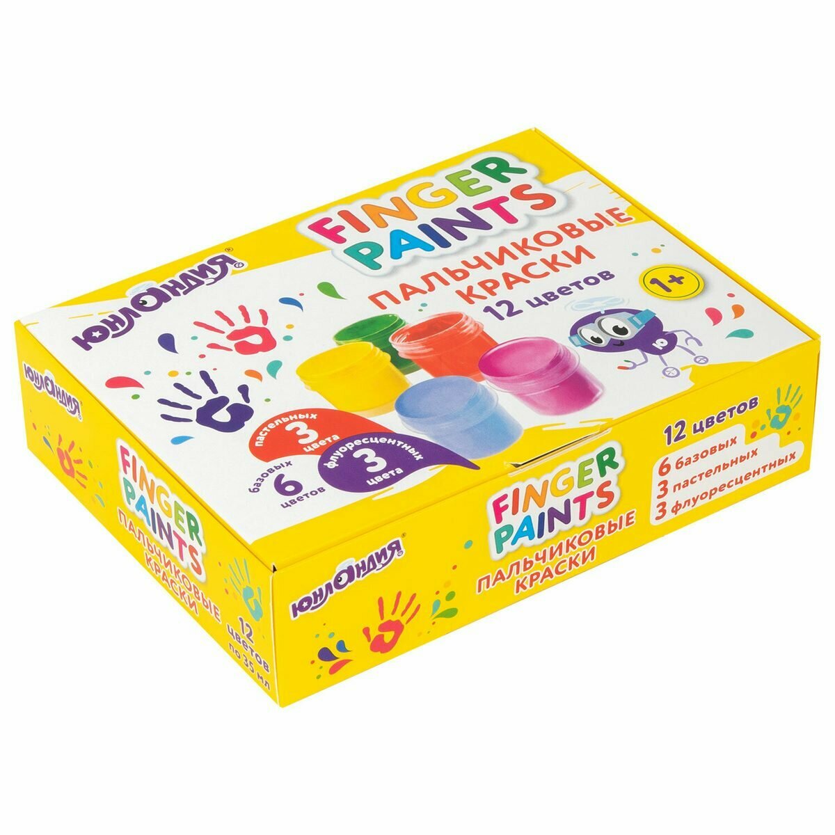 Краски пальчиковые 12 цветов Юнландия, 6 базовых + 3 пастельных + 3 флуоресцентных (192570)
