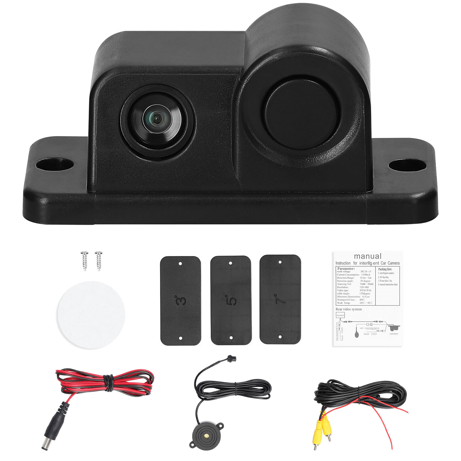 2 в 1 Видеокамера заднего вида с радаром для автомобиля, водонепроницаемая, с 1 датчиком обнаружения радаров и зуммером, черный цвет, материал ABS, разрешение 720x480, угол обзора 170°, водонепроницаемость IP67, рабочее напряжение DC10-15V, диапазон