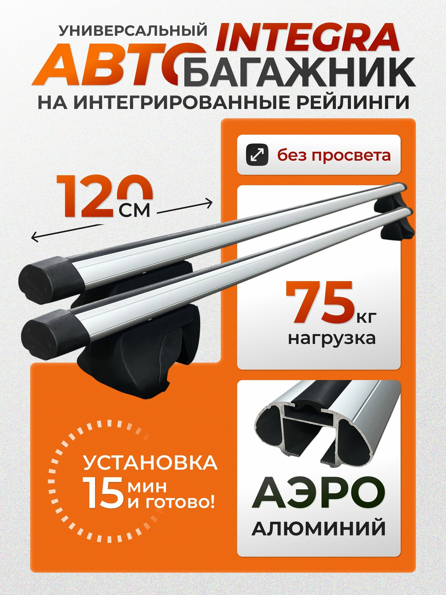Багажник Integra-120 аэро (поперечины и упоры) на интегрированные (без просвета) рейлинги.