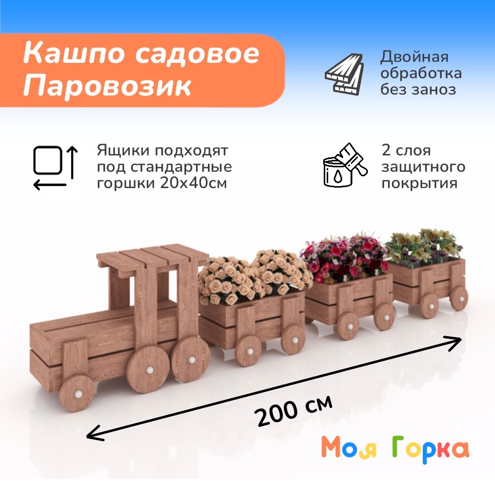 Подставка-кашпо для цветов и ягод "Паровозик" на колесах из дерева, цвет натуральное дерево