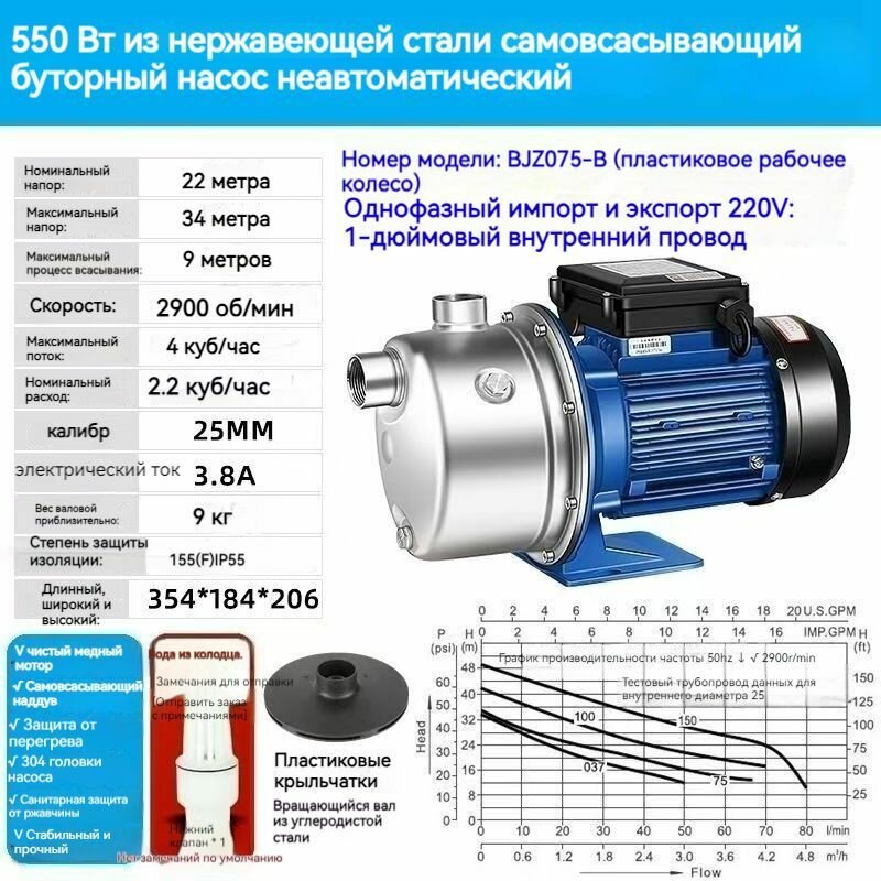 Ручная водяная помпа из нержавеющей стали 220 В/550 Вт