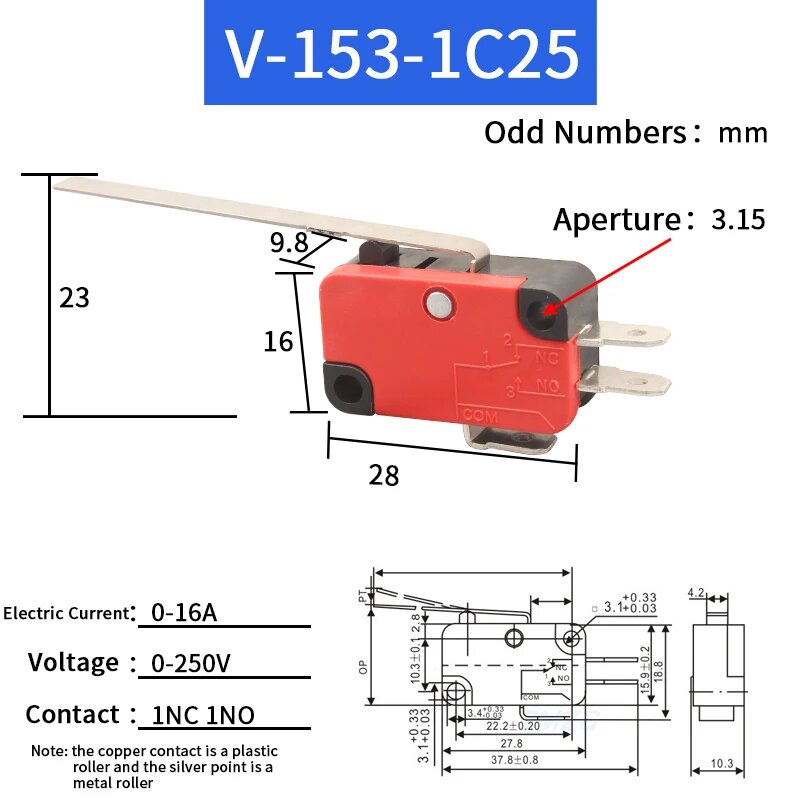 Микро-переключатель SPDT медный 15А 250В 10PCS, V-153-1C25, Copper contact