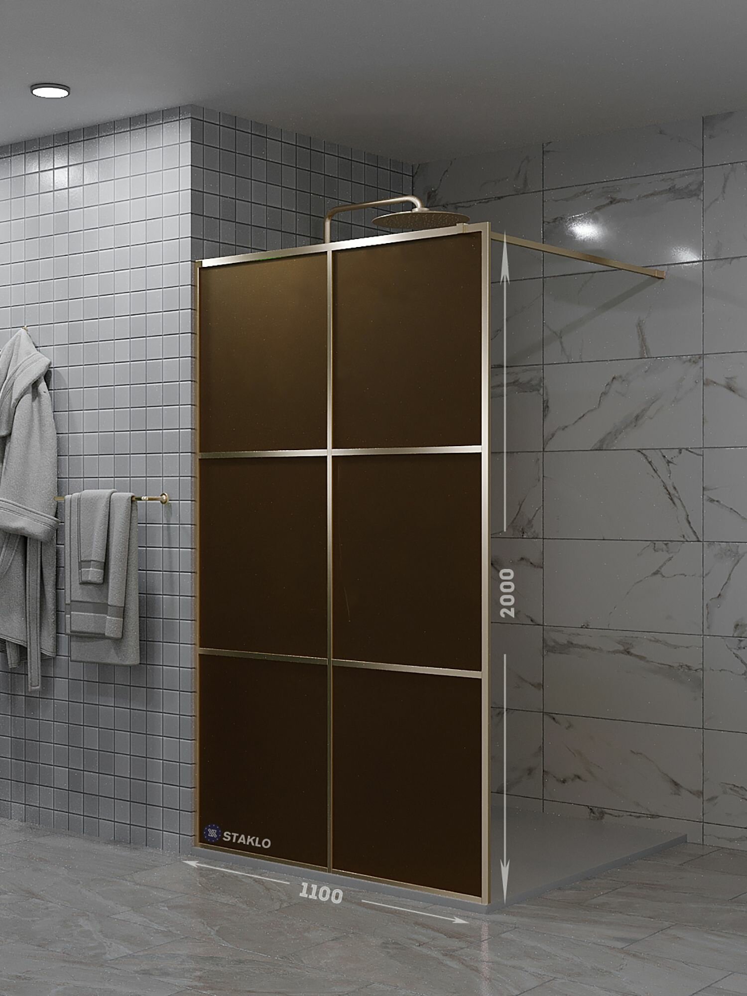 Loft душевая одиночная перегородка staklo 110x200 из бронзового матового стекла бронза фурнитура