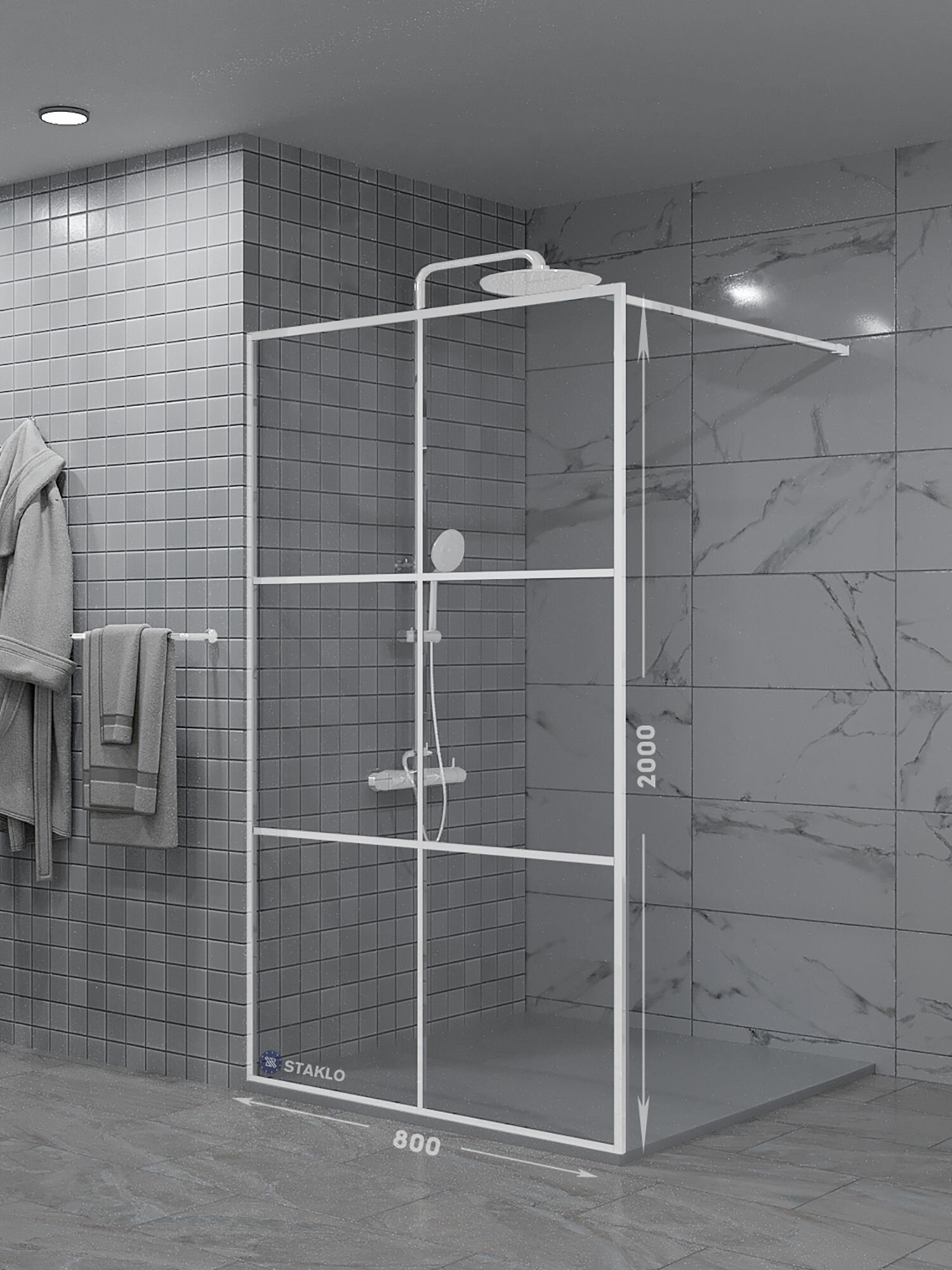 Loft душевая одиночная перегородка staklo 80x200 из осветленного стекла белая фурнитура