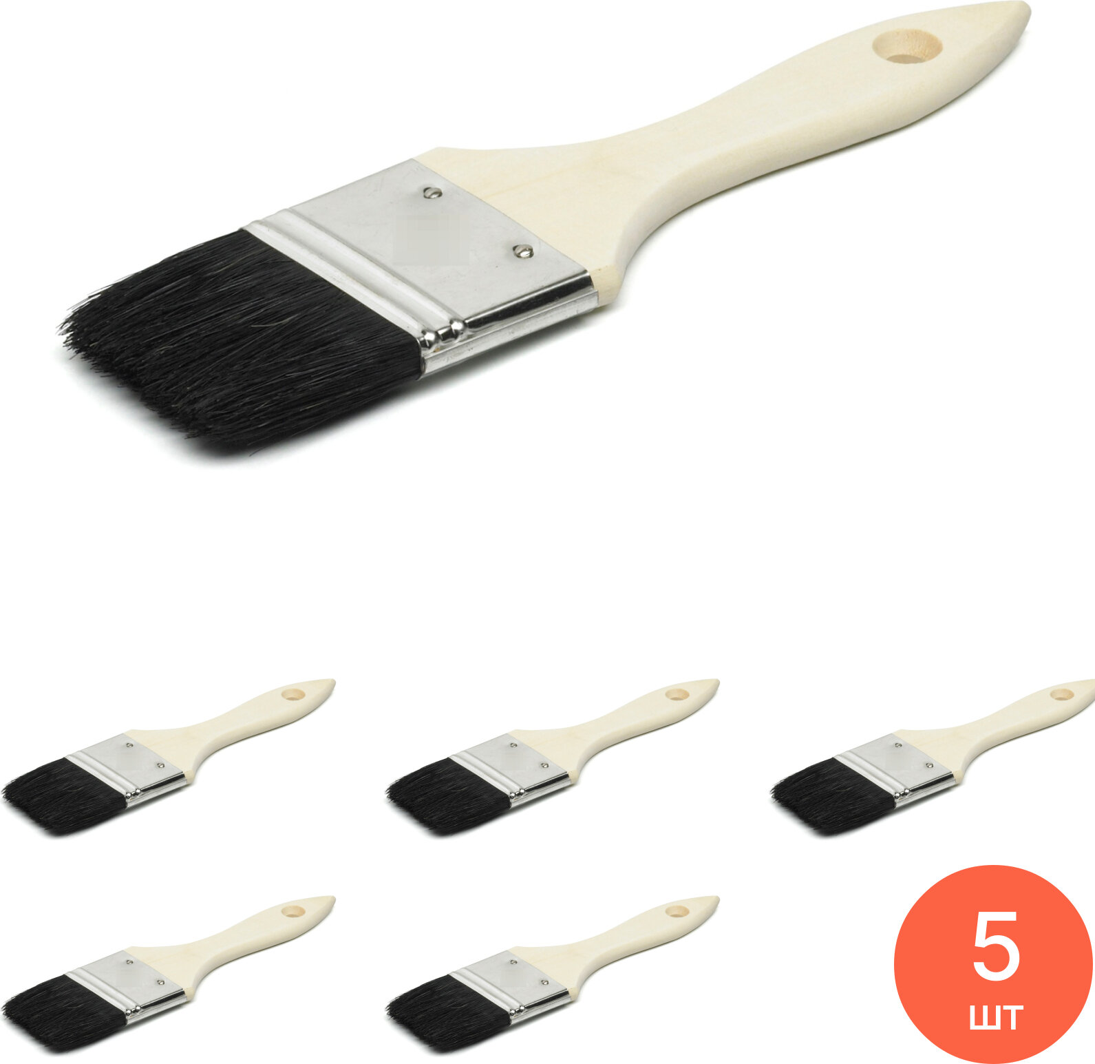 Кисть малярная Anza / Анза КФ плоская, с натуральной щетиной, 35мм / малярные и отделочные инструменты (комплект из 5 шт)