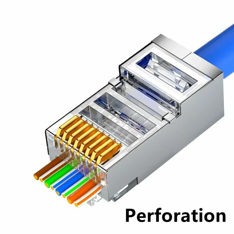 Разъем RJ45 Cat5e Cat6 Cat7 с отверстием под кристалл, 8-контактный модульный сетевой экранированный штекер UTP, адаптер с перфорацией 8P8C