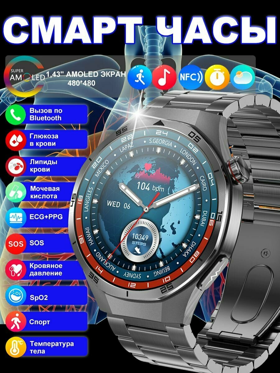 Умные смарт часы с тонометром и экг, с измерением давления, с экраном AMOLED,