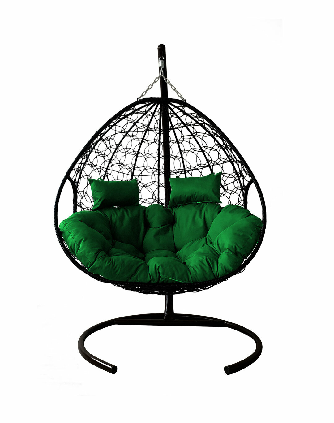 Подвесное кресло Для Двоих с ротангом Чёрное / Зеленая подушка M-Group
