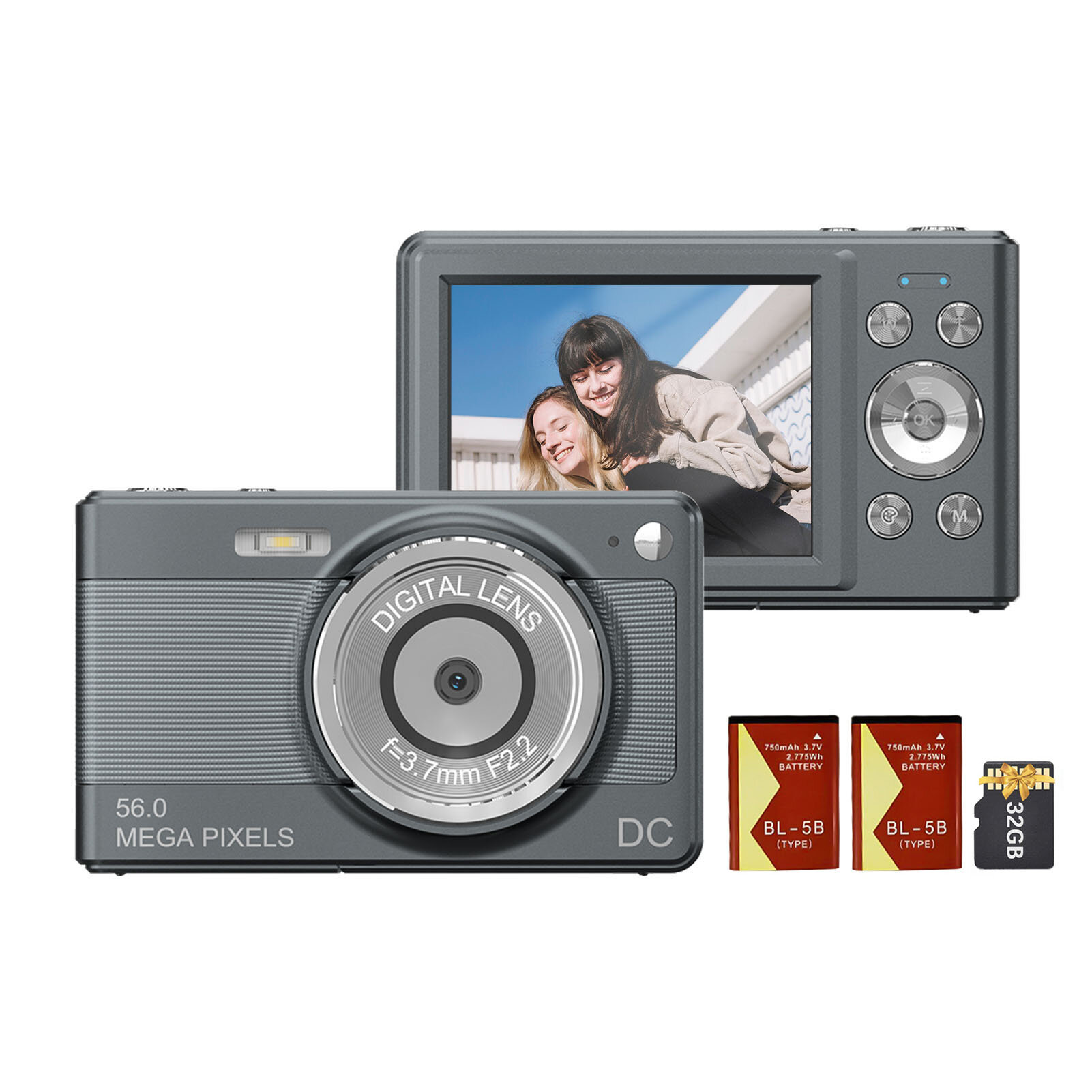 1080P Цифровая камера Цифровая видеокамера Видеокамера 56MP 2,88 дюйма IPS экран 8X цифровое увеличение AF Автофокус Система анти-качества Обнаружение лиц с картой памяти 32 ГБ 2 батареи Подарок на