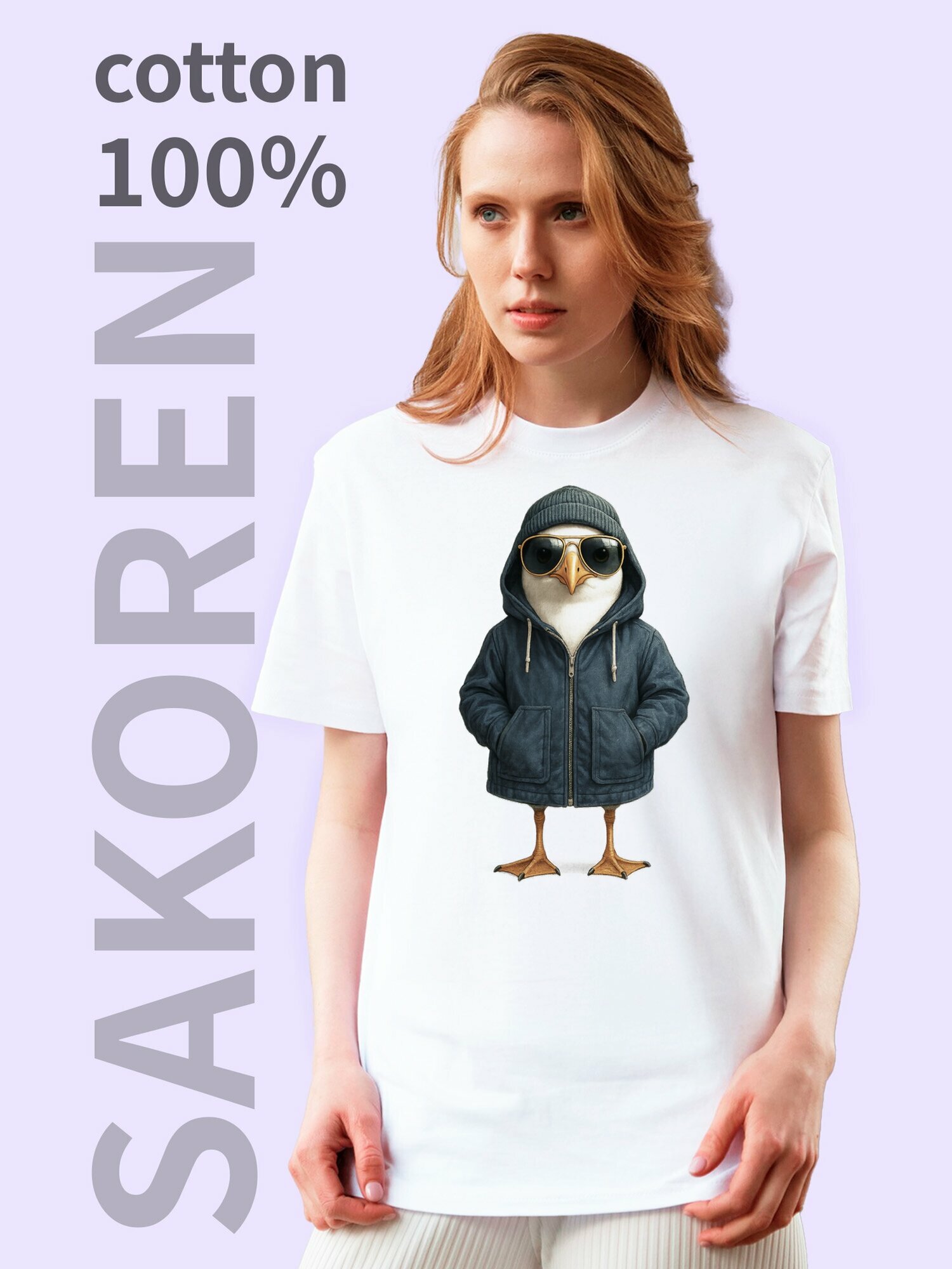 Футболка классическая женская с авторским принтом Смешная белая чайка в темно-синей худи и больших уличных очках, белый хлопковый трикотаж с прикольным рисунком на груди