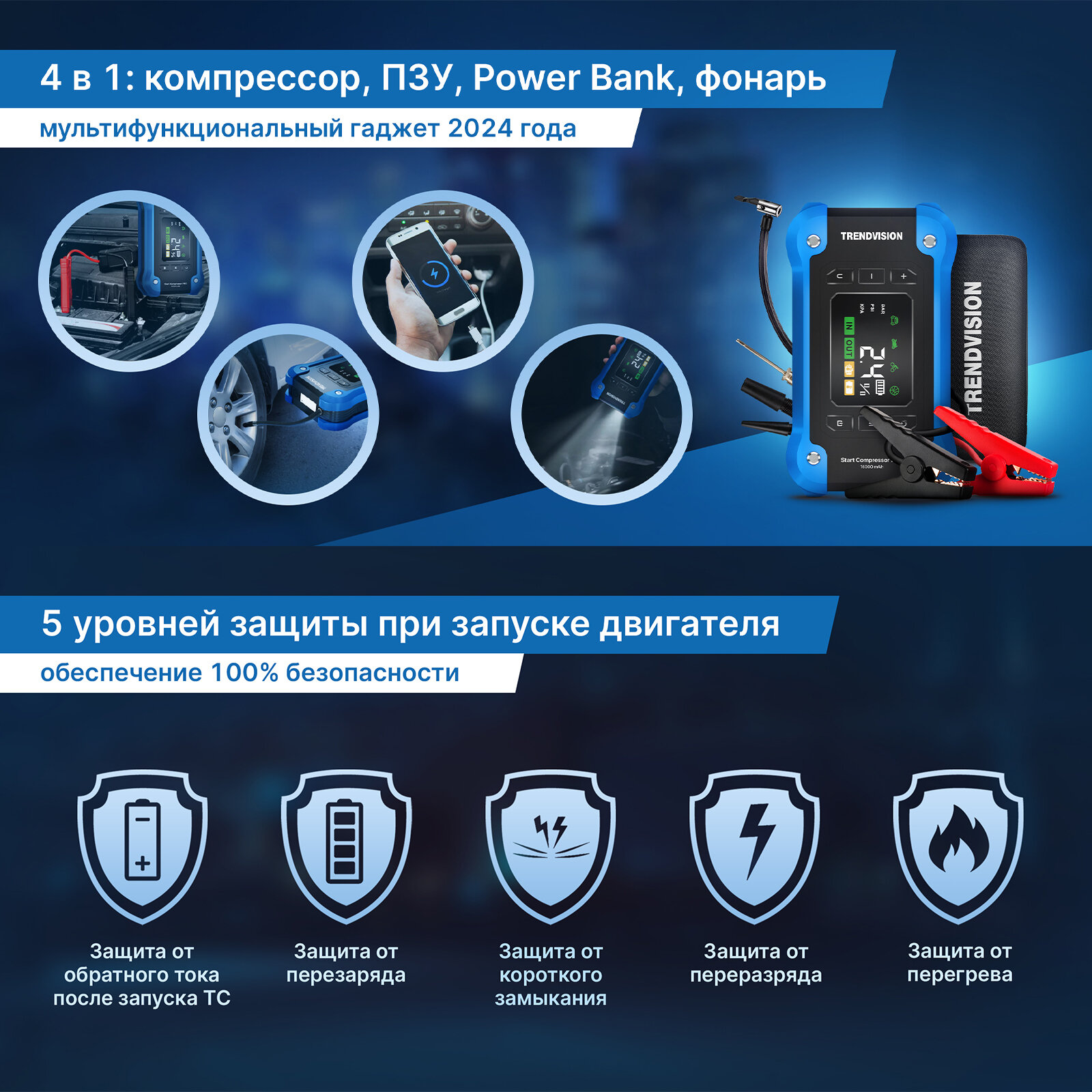 Компрессор TrendVision Start Compressor PRO, 1600А, USB, 4в1, с фонариком, 16000мАч — фото 1