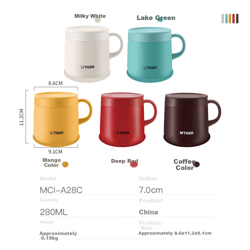TIGER Stainless Steel Double-Layer Vacuum Insulated Office Coffee Cup MCI-A28C-R Deep Red 280ml