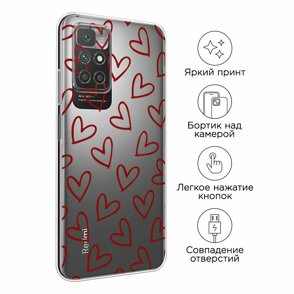 Чехол на Xiaomi Redmi 10 / Сяоми Редми 10 с принтом "Little hearts doodles 2 - 14 февраля", прозрачный — фото 1