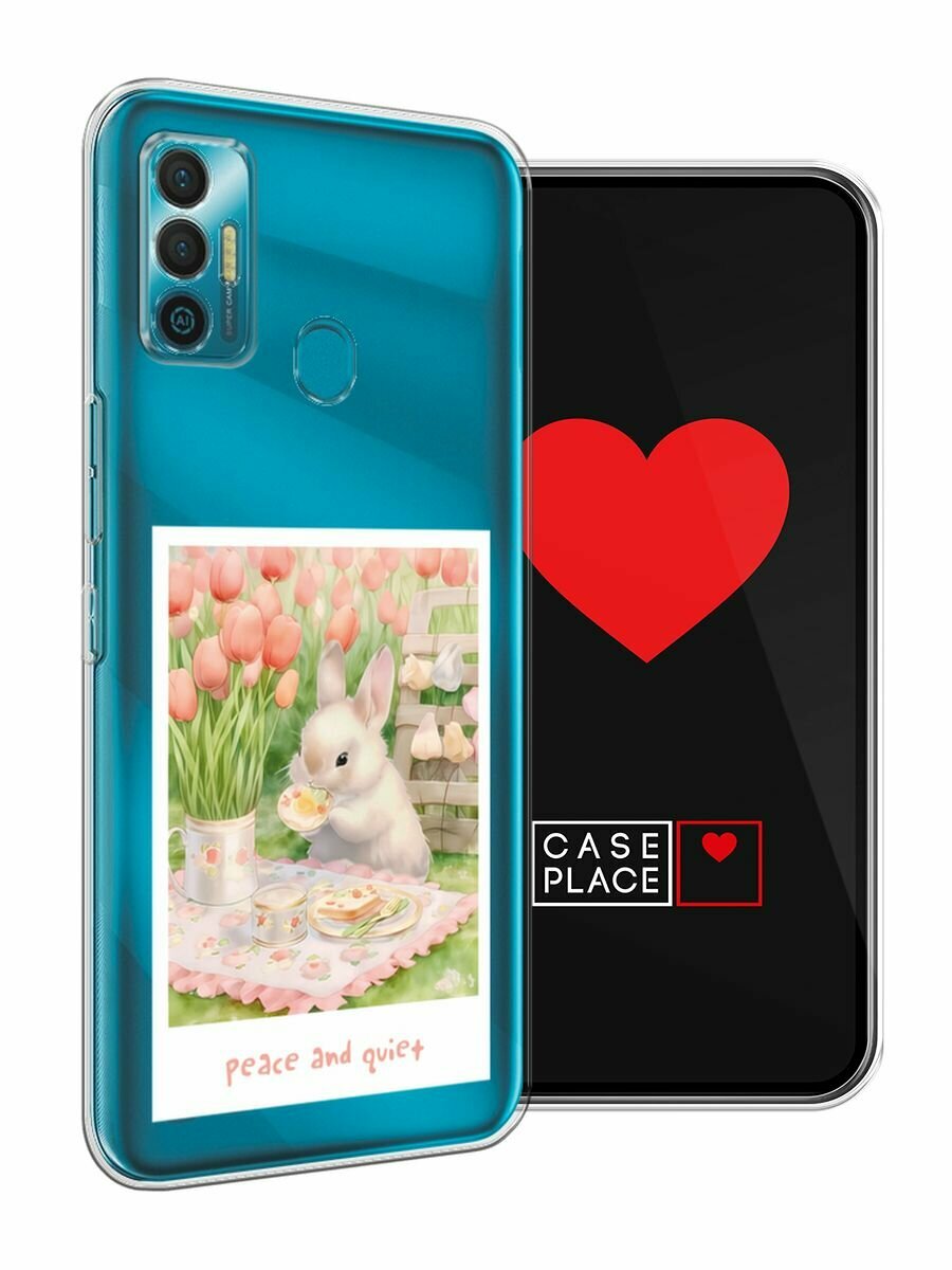 Чехол на Tecno Spark 7 / Техно Спарк 7 с принтом "Кролик на пикнике", прозрачный — фото 1