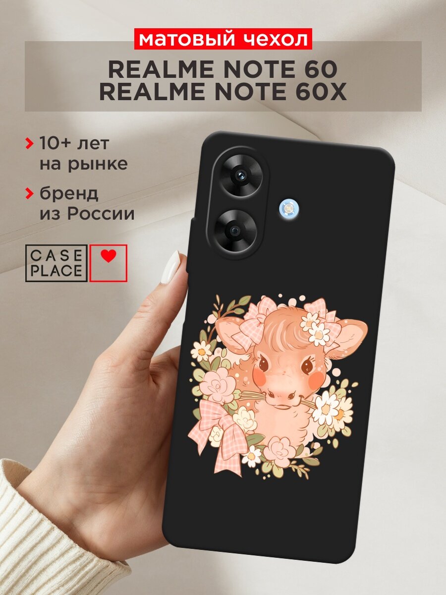 Черный матовый чехол на Realme Note 60/60X / Реалми Нот 60/60X с принтом "Милая коровка"