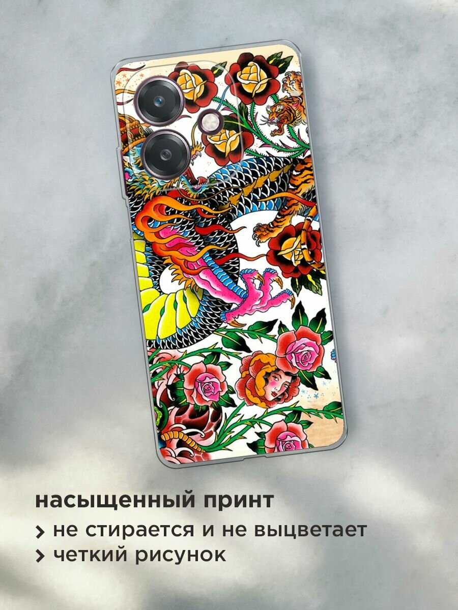 Чехол на Oppo A3/A3x / Оппо А3/A3x с принтом "Дракон в цветах" — фото 1