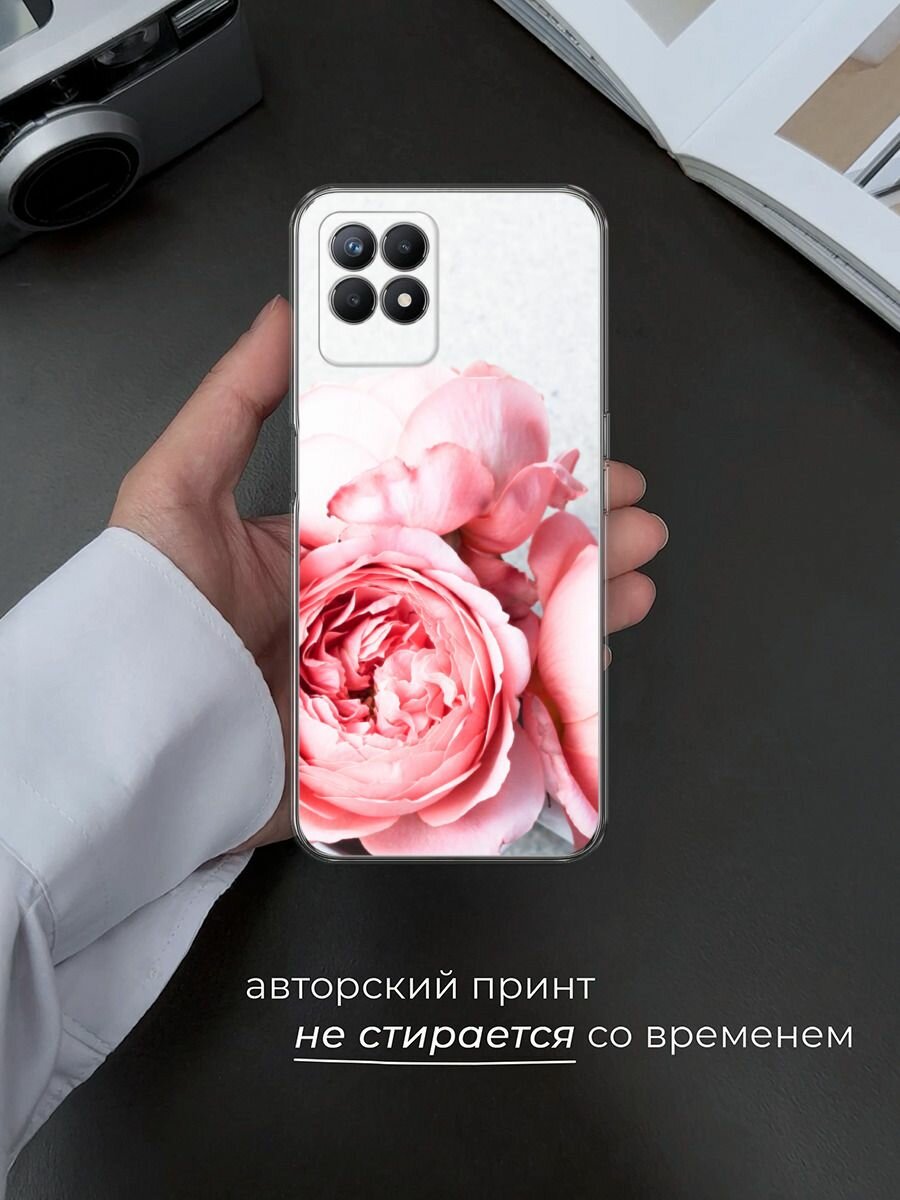 Силиконовый чехол на Realme 8i / Реалми 8i с принтом "Пионы на белом" — фото 1