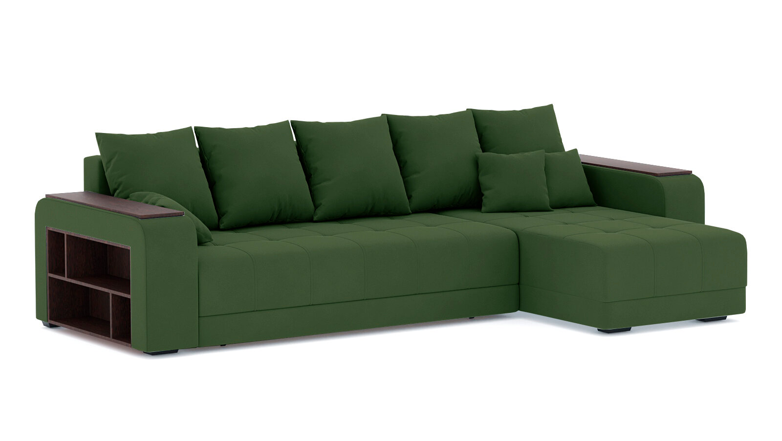 Угловой диван кровать Дубай, угол универсальный, полки в подлокотнике, велюр Мазерати Грин 27