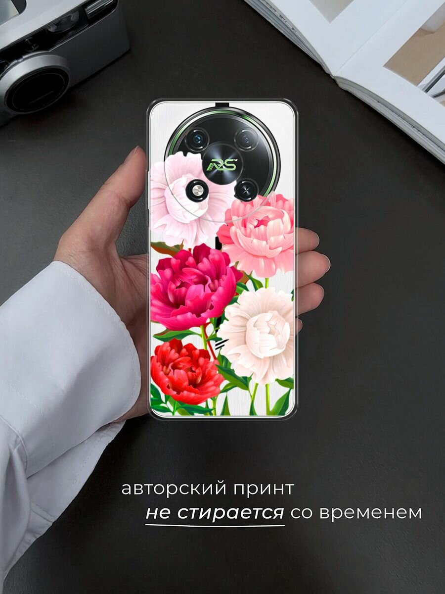 Чехол на Itel RS4 / Ител РС4 с принтом "Большие пионы", прозрачный — фото 1