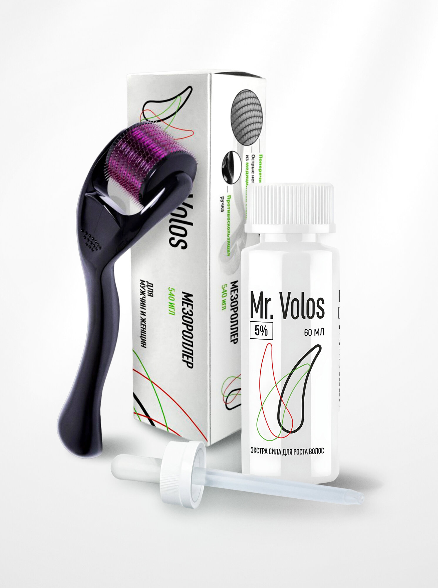 Набор для роста волос и бороды Mr.Volos Лосьон 5% + Мезороллер 2 мм