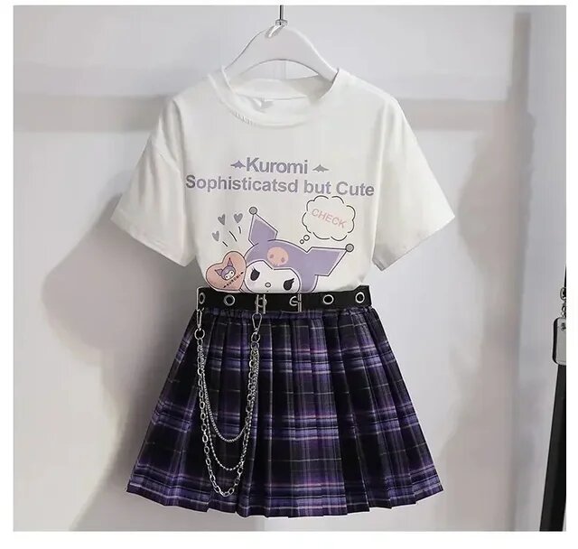 Юбка с короткими рукавами Kawaii Kuromi, детский костюм в стиле аниме Sanrio, футболка в стиле преппи, плиссированная юбка, студенческая модная тенденция, униформа JK Tw, Размер: 150 см