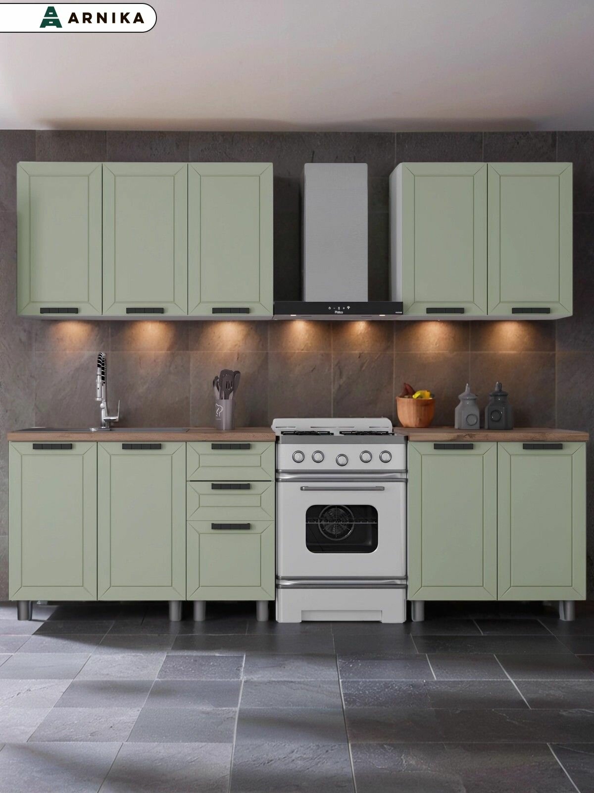 ARNIKA Кухонный гарнитур 2 м со столешницей Фиcташка/Фисташка, скоба черный, сонома