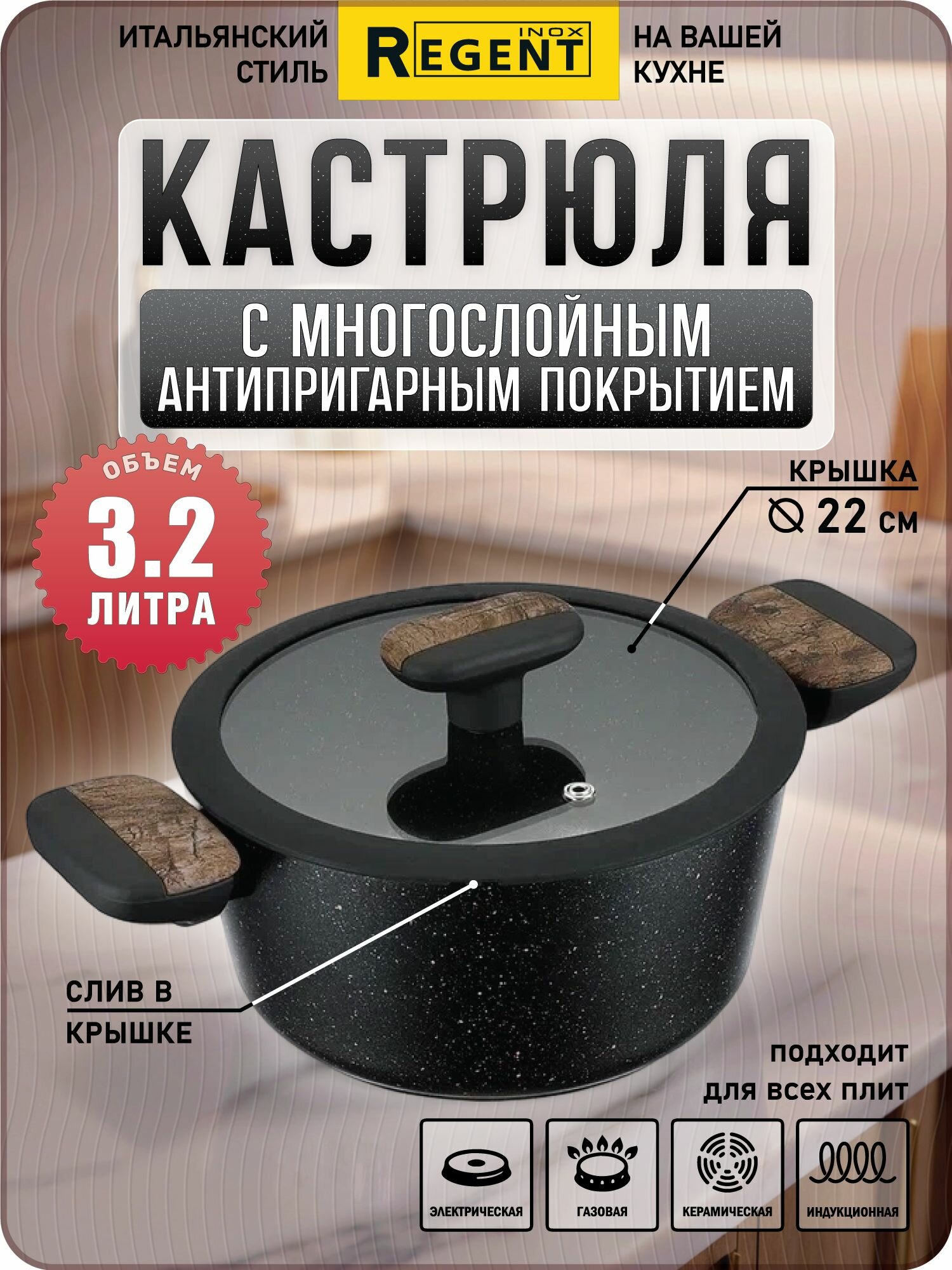 Кастрюля индукционная 3,2 л / кастрюля с антипригарным покрытием, с крышкой со сливом 22 см ALBERO