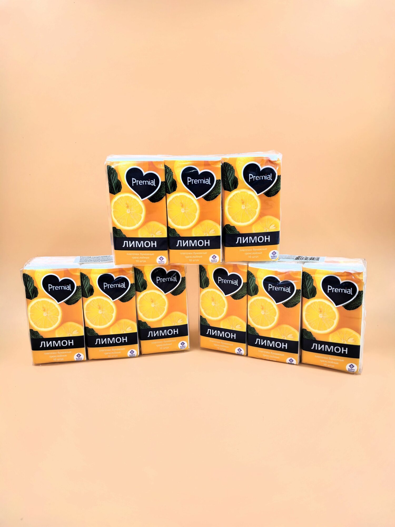 Платочки бумажные PREMIAL 3-х слойные Лимон 18 уп по 10 платочков