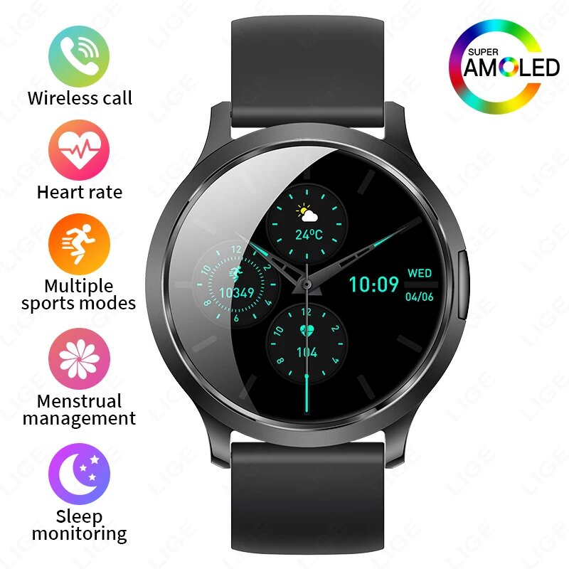 LIGE Умные часы для женщин, черный силикон, AMOLED