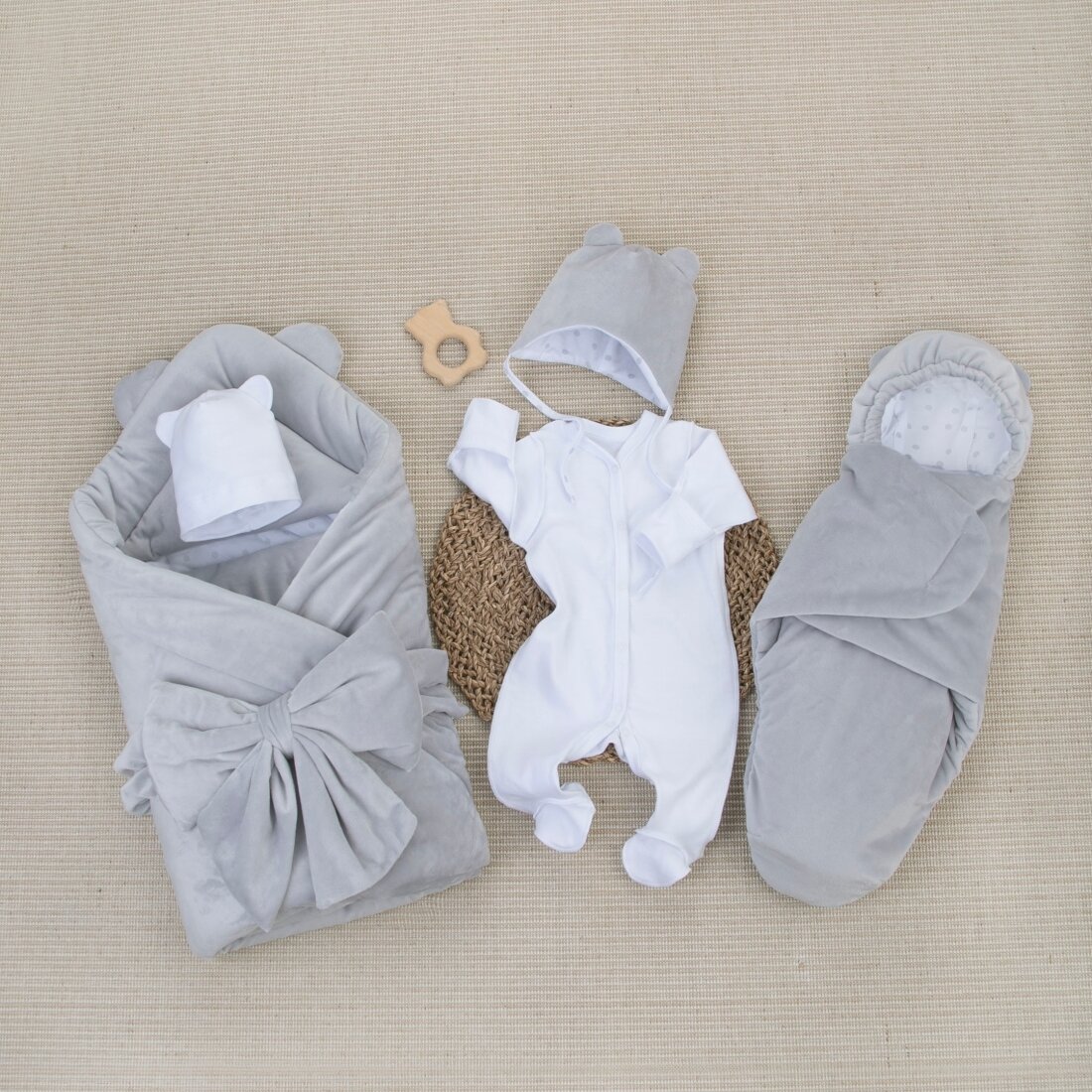 Комплект на выписку 6 предметов "Медвежонок", зимний, серый