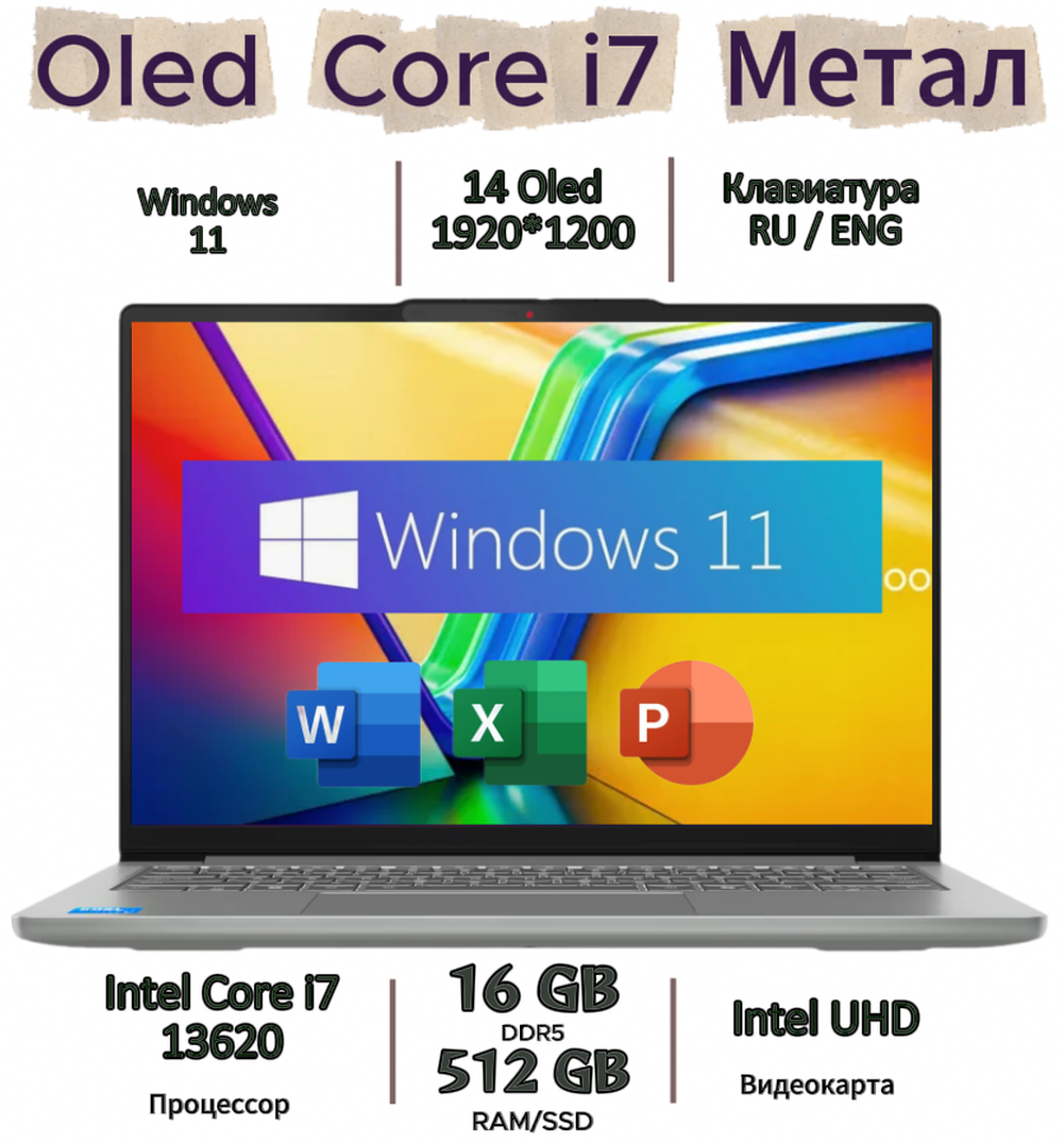 14" Ноутбук Lenovo IdeaPad Slim 5 Gen 10 OLED , Intel Core i7-13620H (10 ядер, до 4.8 ГГц), RAM 16 ГБ LPDDR5, SSD 512 ГБ, Windows 11 Home + Office 2021 Pro Plus, Металлический корпус, Русская раскладка