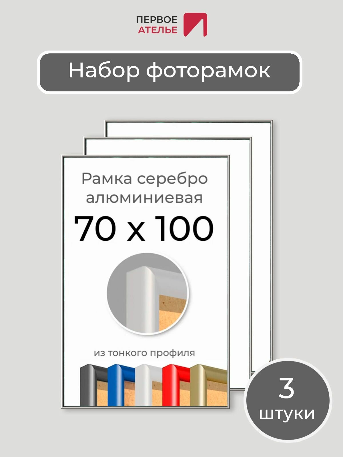 Набор рамок 70х100 см, 3 штуки Первое ателье "Серебристая алюминиевая фоторамка 70х100" для пазла, вышивки, алмазной мозаики, фото, постера