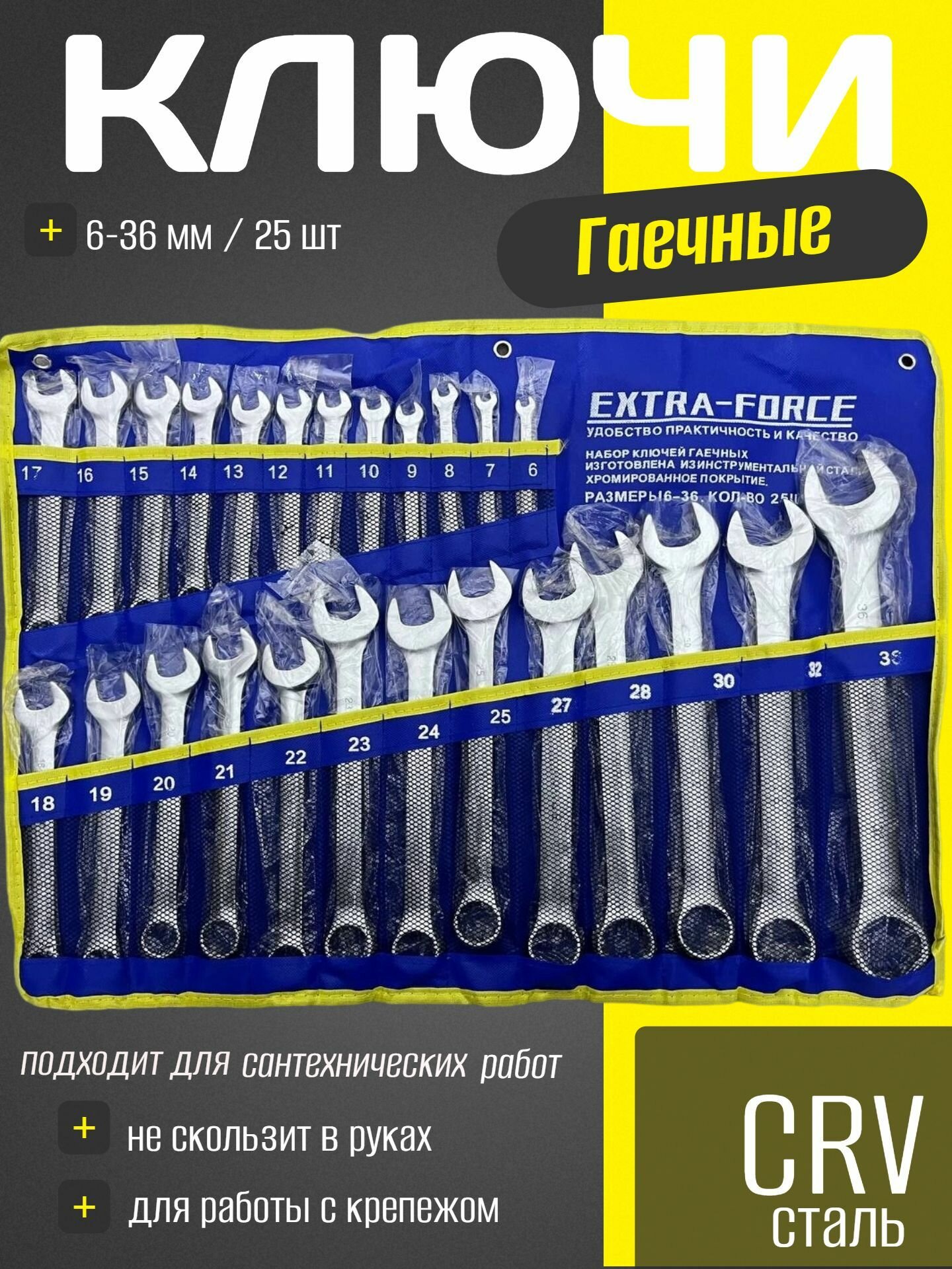 Набор гаечных ключей 25 шт (6-36 мм) Cr-V сталь