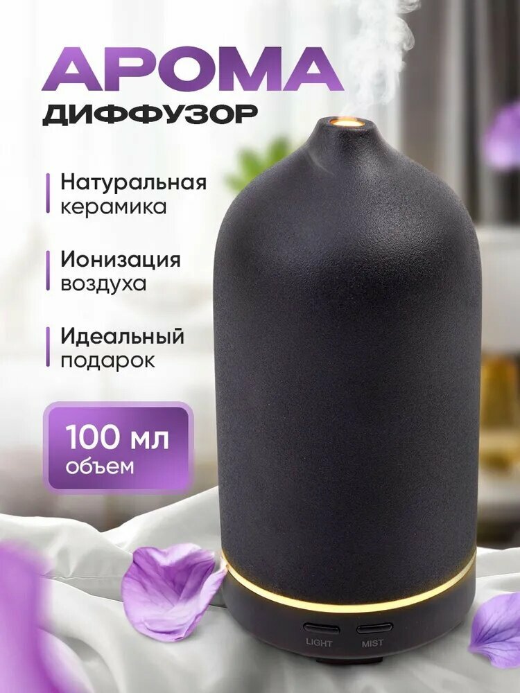 KuHome Аромадиффузор ультразвуковой Аромадиффузор для дома керамический 100 мл. с ионизацией, черный