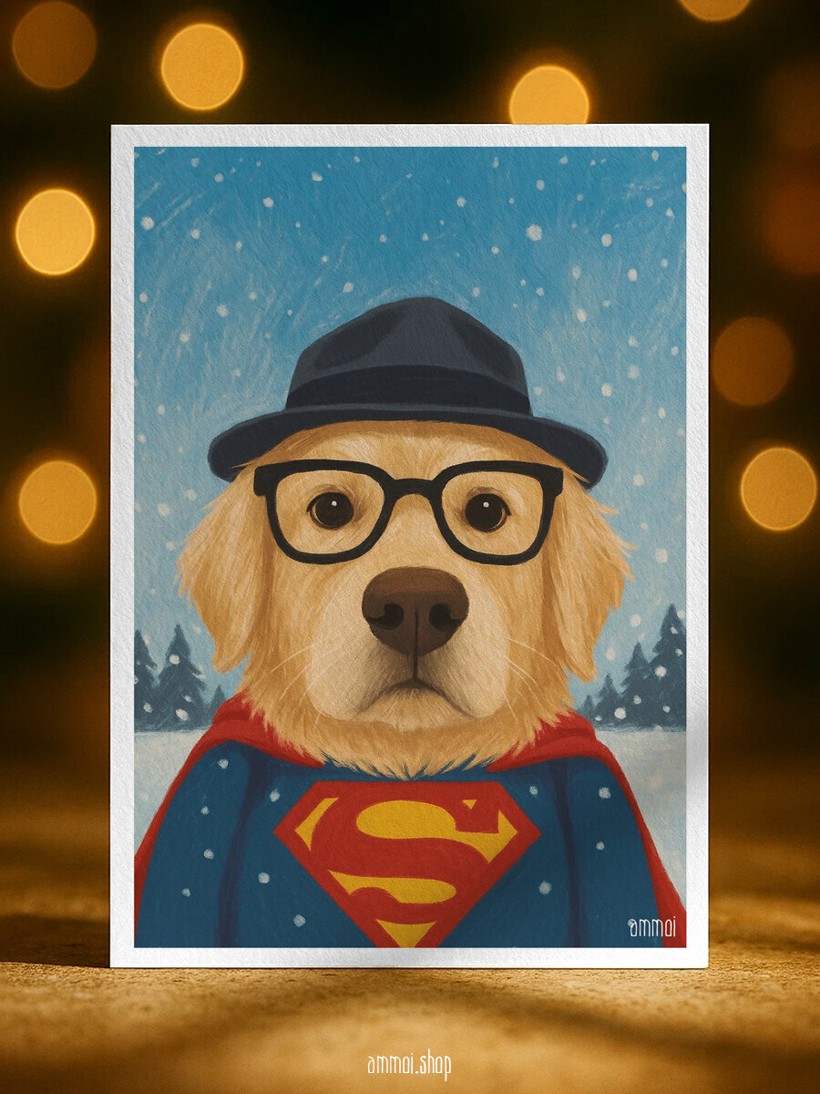 Открытка с любимой собакой 2026 «Ретривер — Супердог в зимнем небе» (А6) с конвертом, авторская иллюстрация