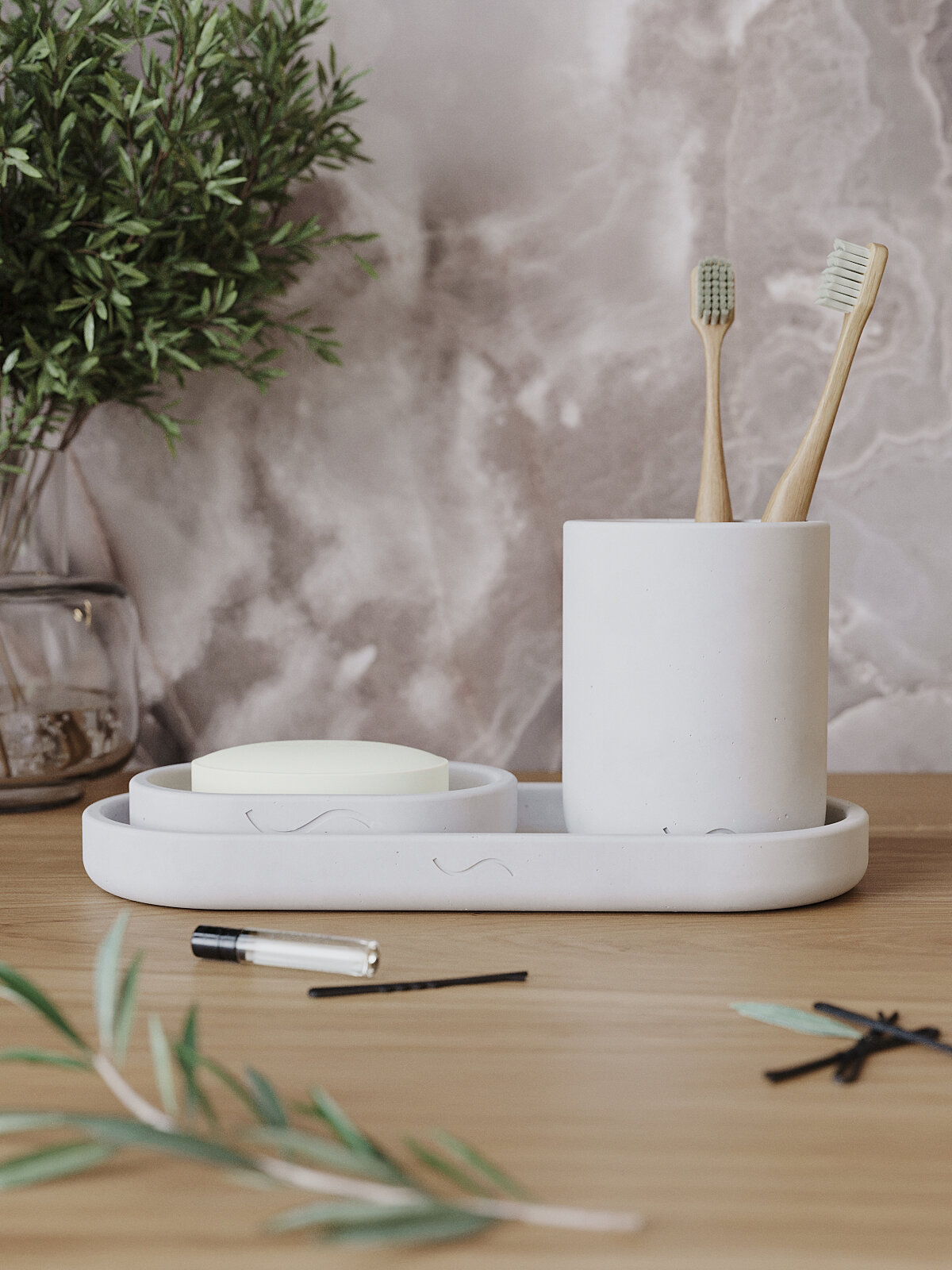 Набор для ванной комнаты Astrid 21 (поднос, мыльница для ванной и стакан для зубных щеток), бетон, белый матовый